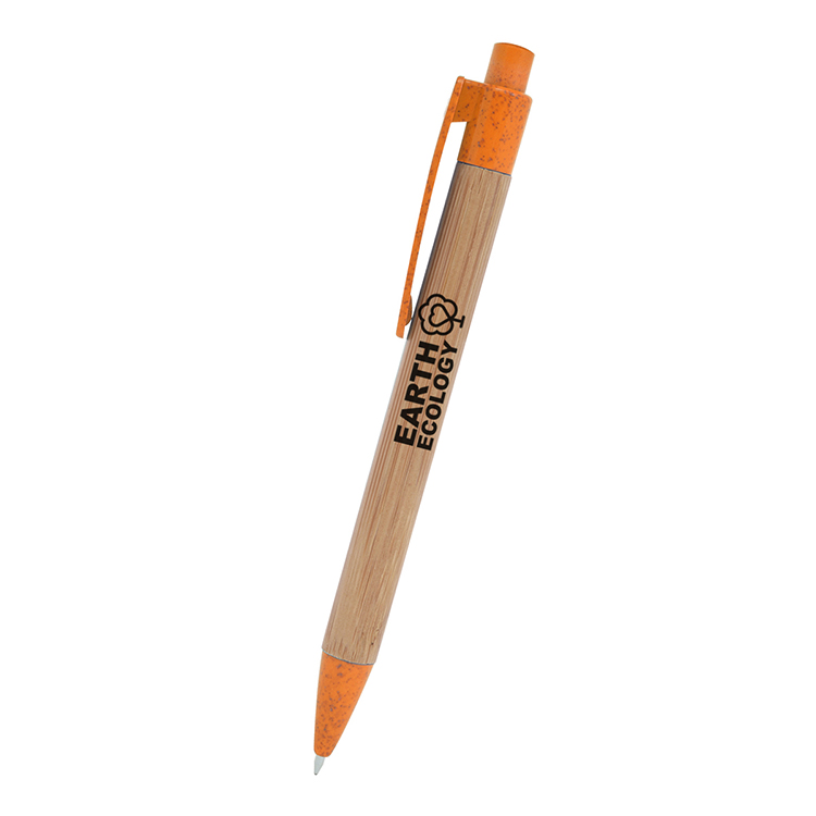 Bamboo Barrel Plunger Pen With Flecked Finish Colored Accent